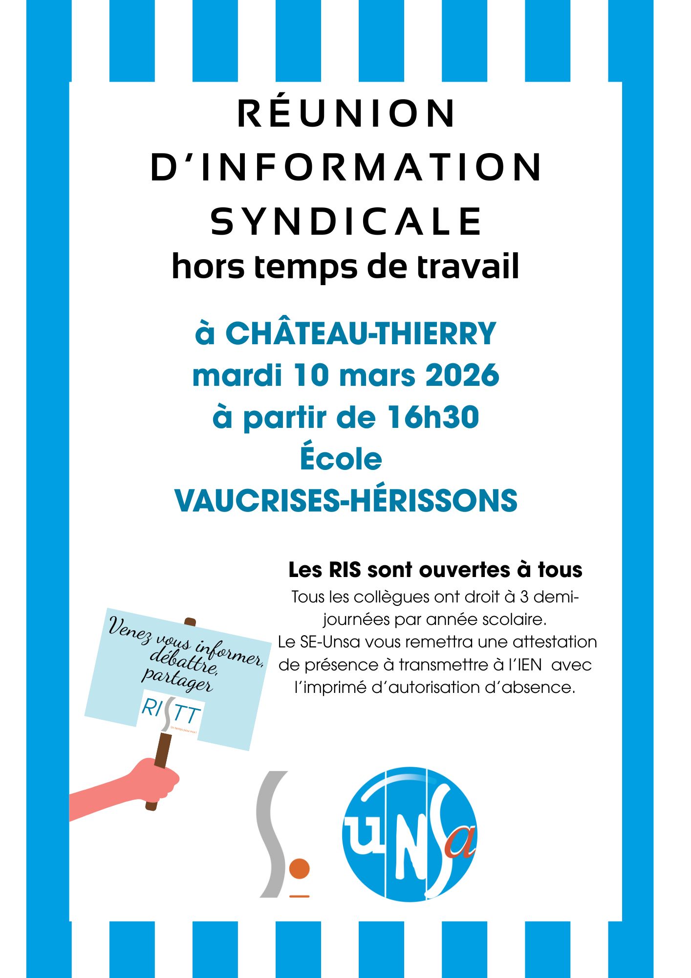 Réunion d'information syndicale à Château-Thierry le 10 mars 2026 - SE UNSA